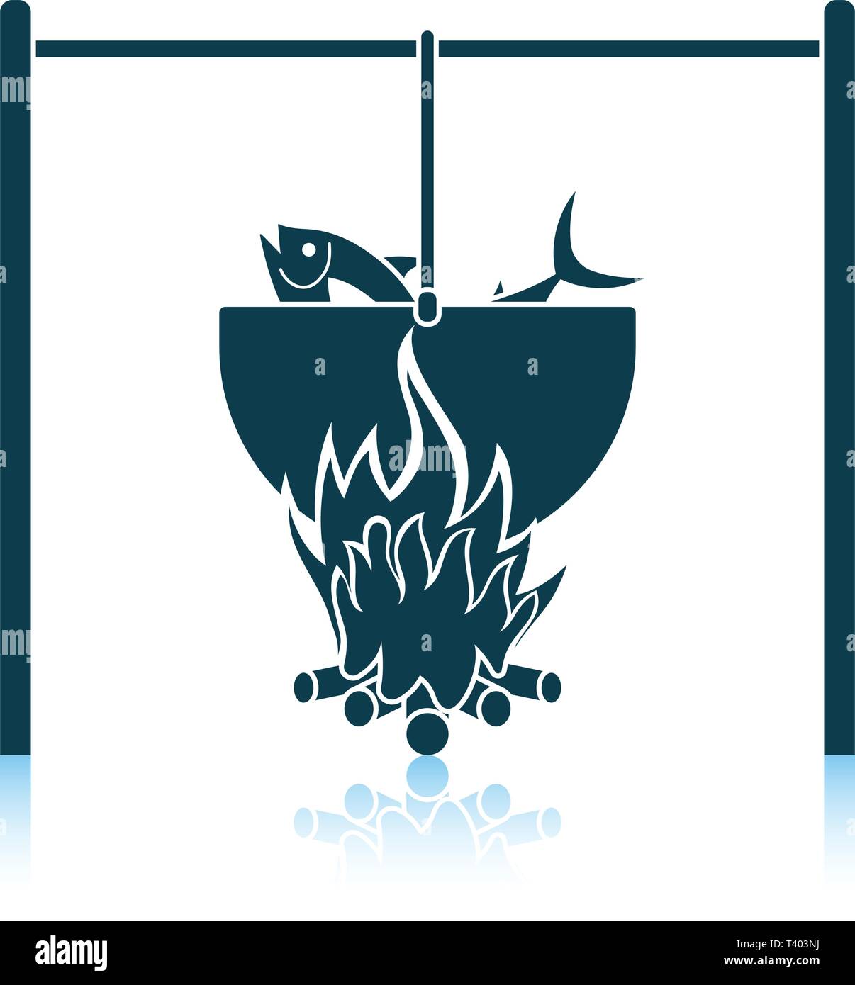 Icon of fire and fishing pot. Shadow reflection design. Vector ...