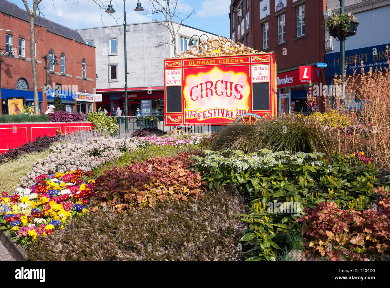 Oldham Town Centre with vintage circus prop, Oldham, Greater Manchester ...