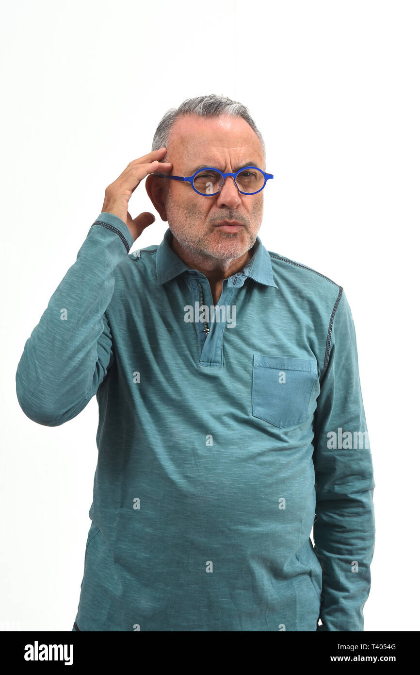 man having a doubt or question on white background Stock Photo - Alamy