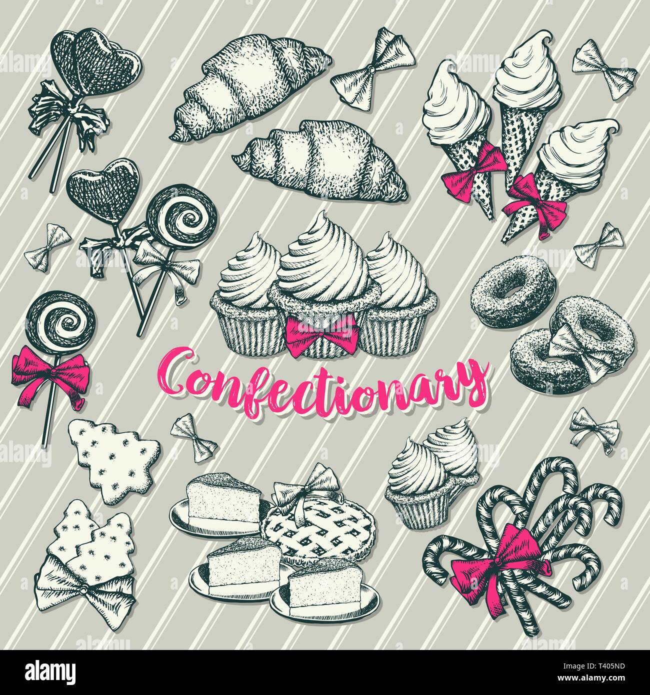 Confectionery hand drawn illustrations set. Ink sketch desserts ...
