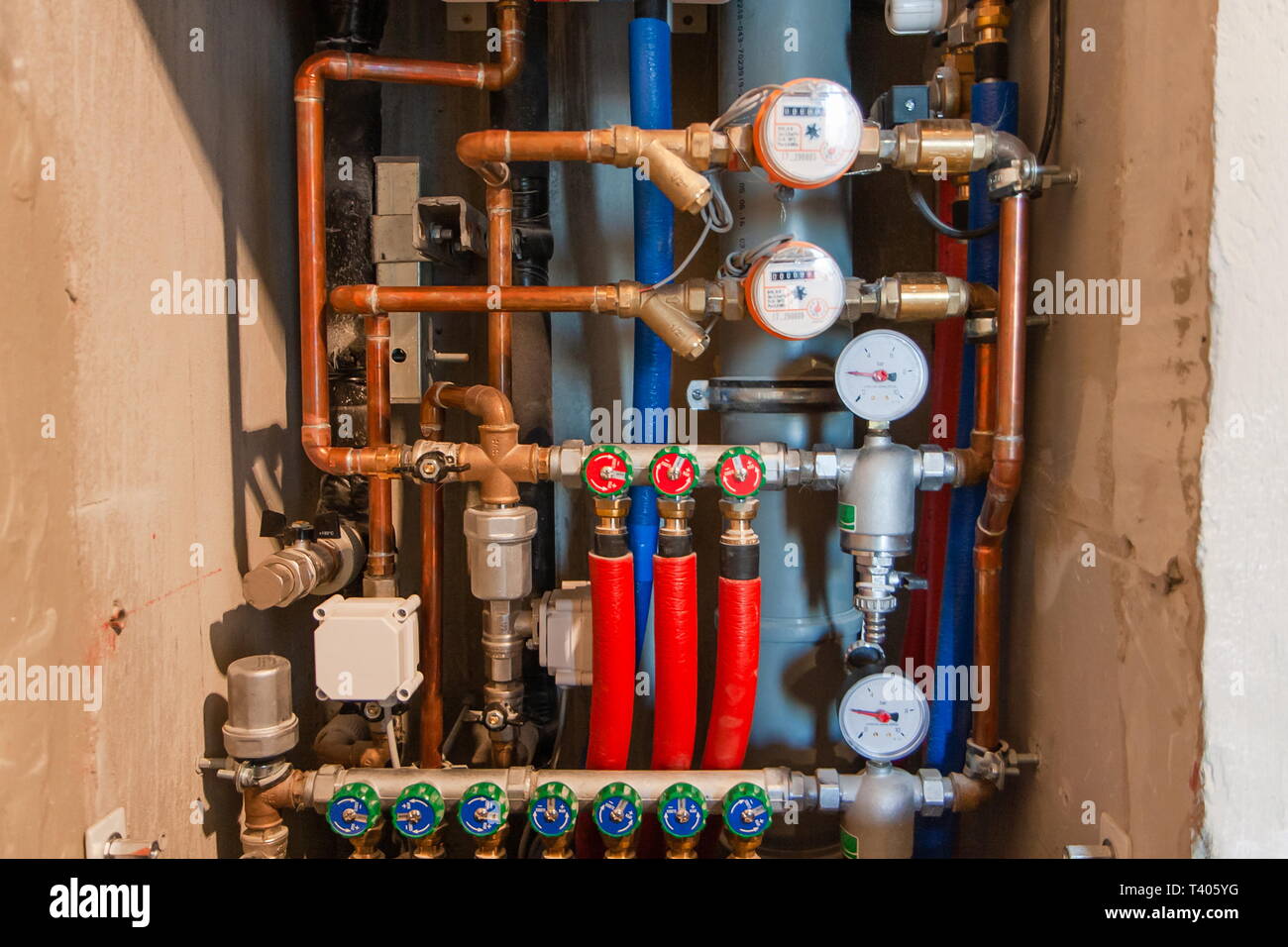 Water nodes and hubs, pipes, meters and taps Stock Photo - Alamy