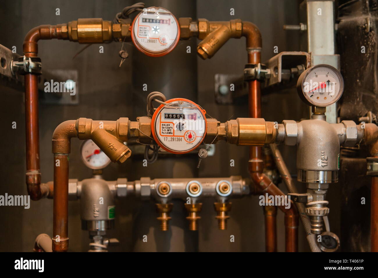 Water nodes and hubs, pipes, meters and taps Stock Photo - Alamy