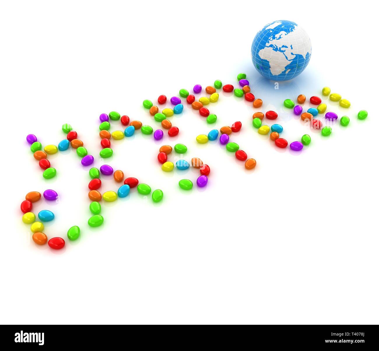 Easter eggs as a "Happy Easter" greeting and Earth on white background ...