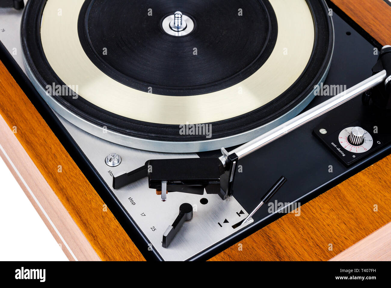 Close up of vintage turntable vinyl record player isolated on white ...