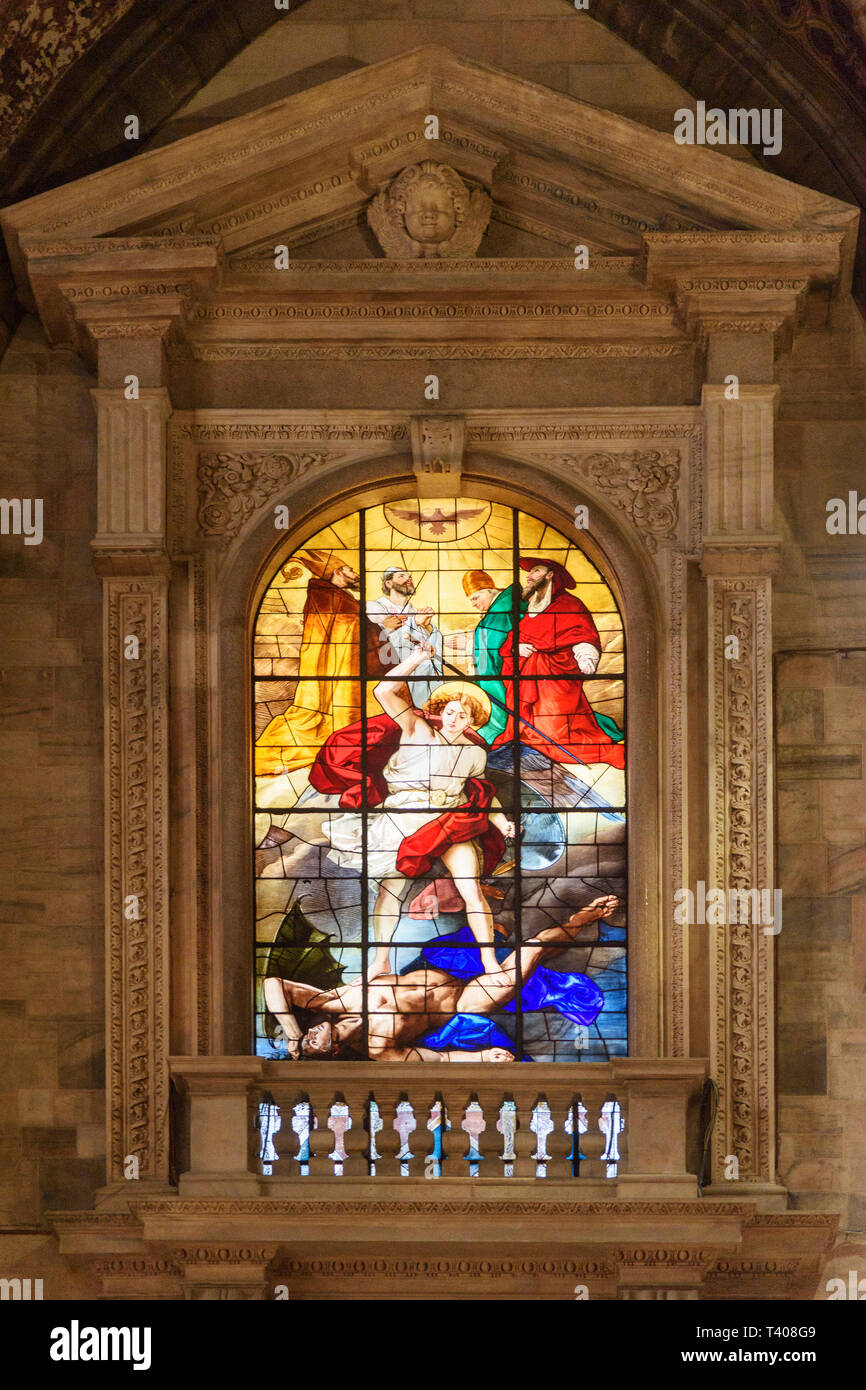 Milan, Italy - October 16, 2018: Stained-glass window. Interior of ...