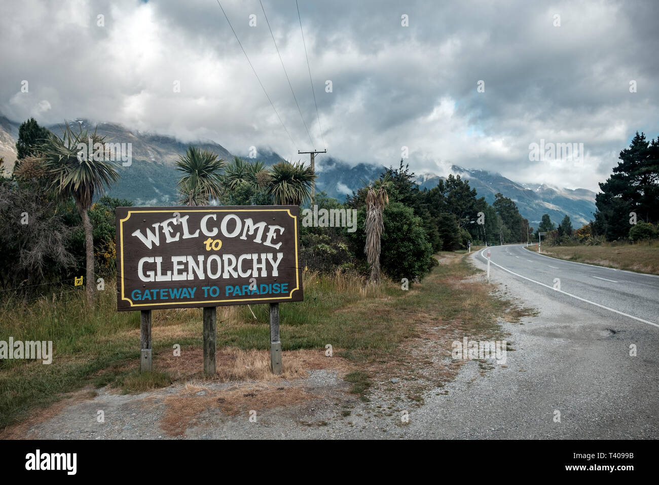Welcome sign to the town of Glenorchy in New Zealand's South Island ...