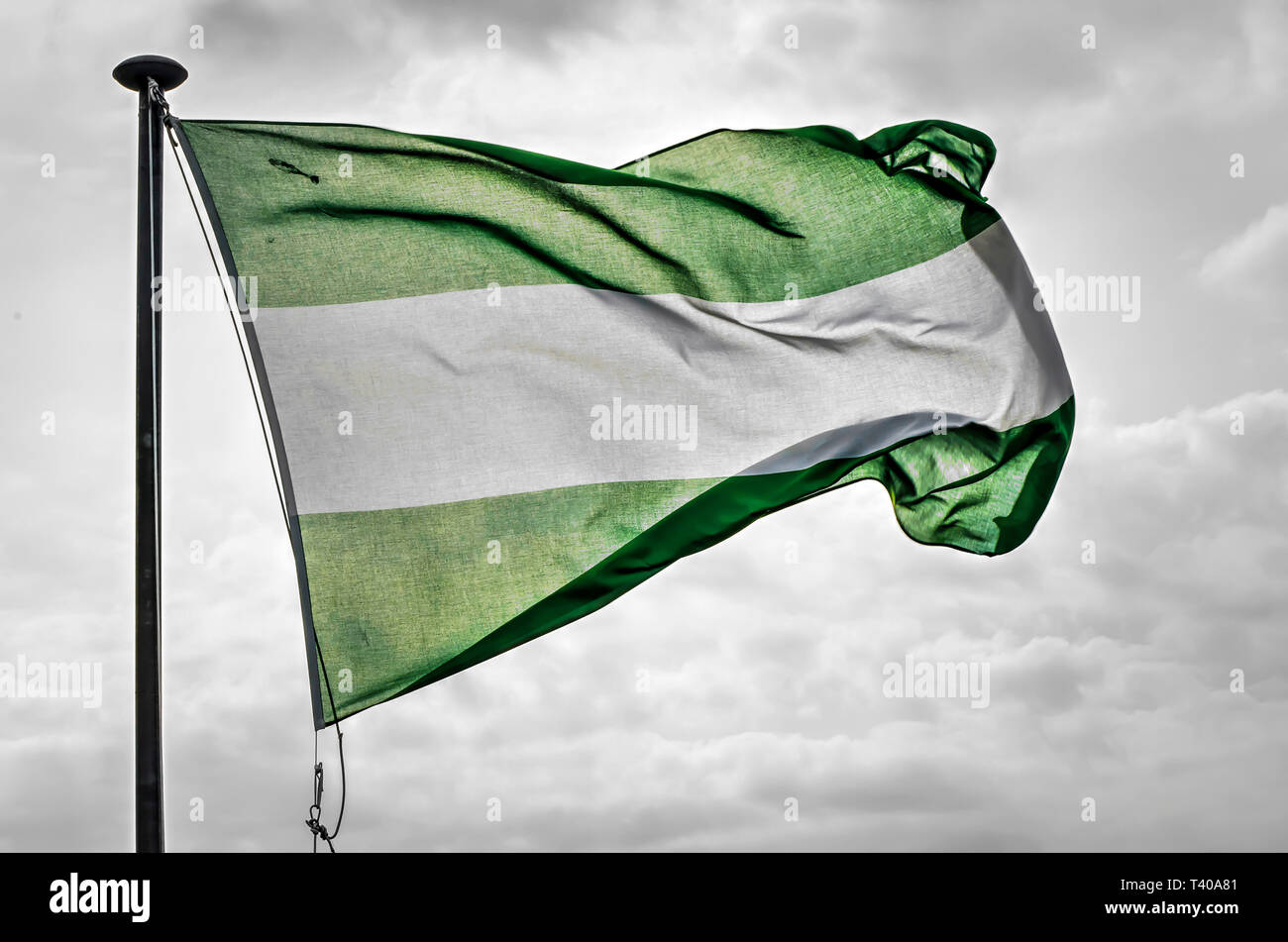 The green-white-green flag of Rotterdam against a cloudy sky on a windy ...