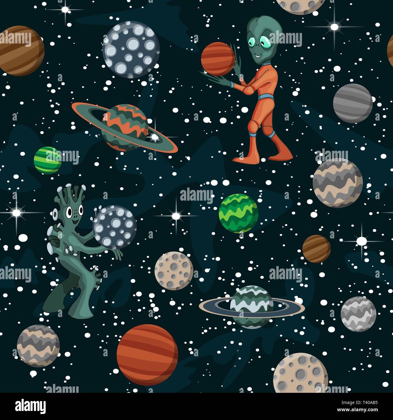 Seamless space pattern with cartoon planets, childish vector space ...