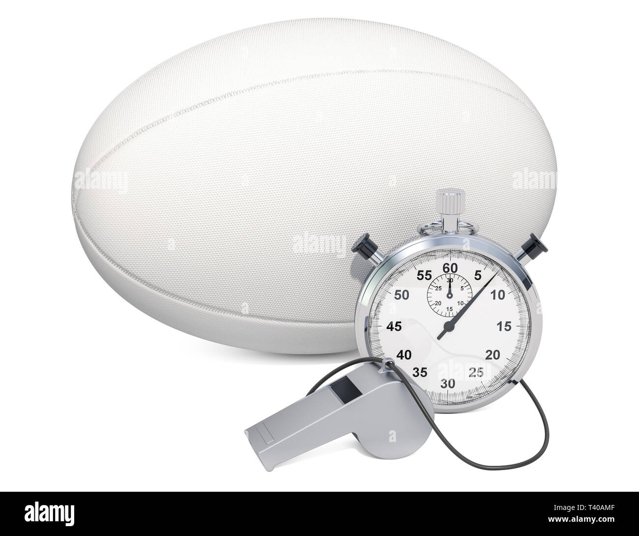 Rugby ball with whistle and stopwatch, 3D rendering isolated on white ...