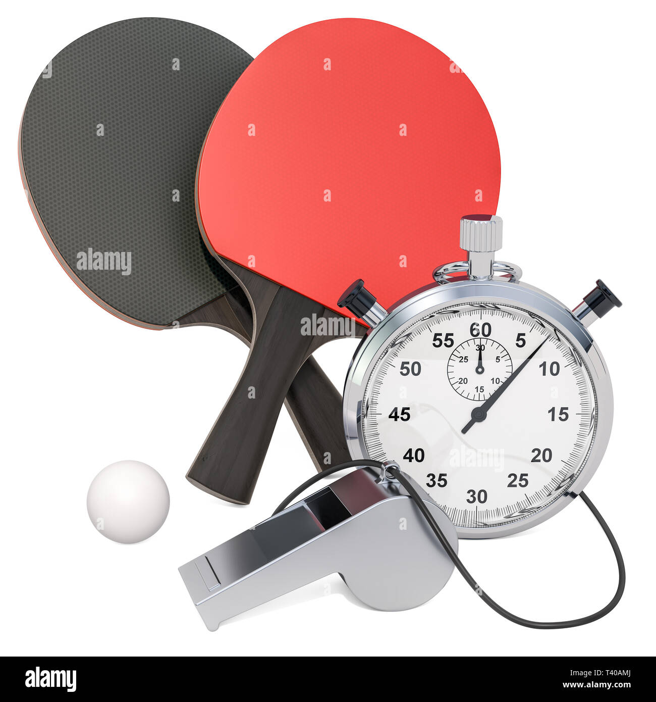 Table tennis equipment with whistle and stopwatch, 3D rendering ...