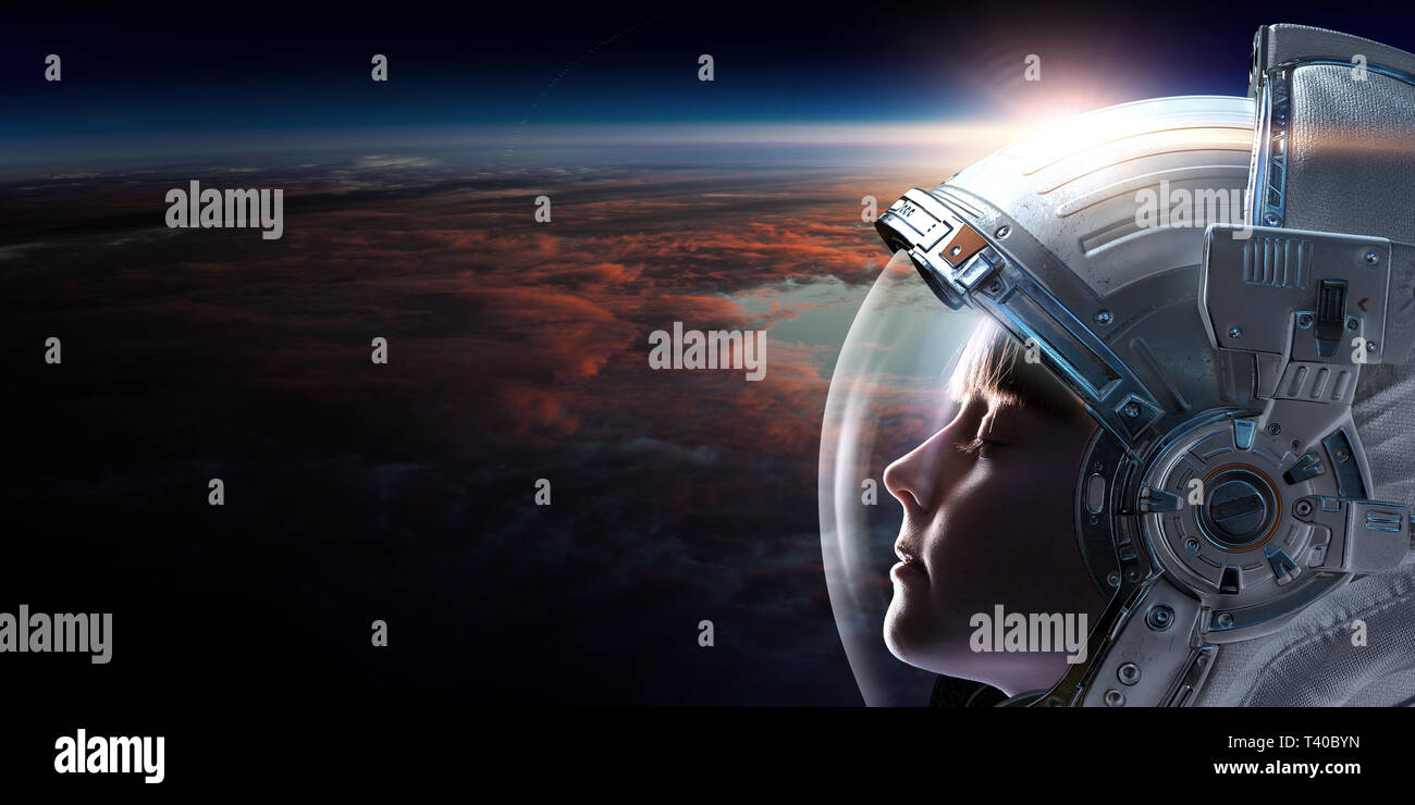 Female astronaut in space on planet orbit Stock Photo - Alamy