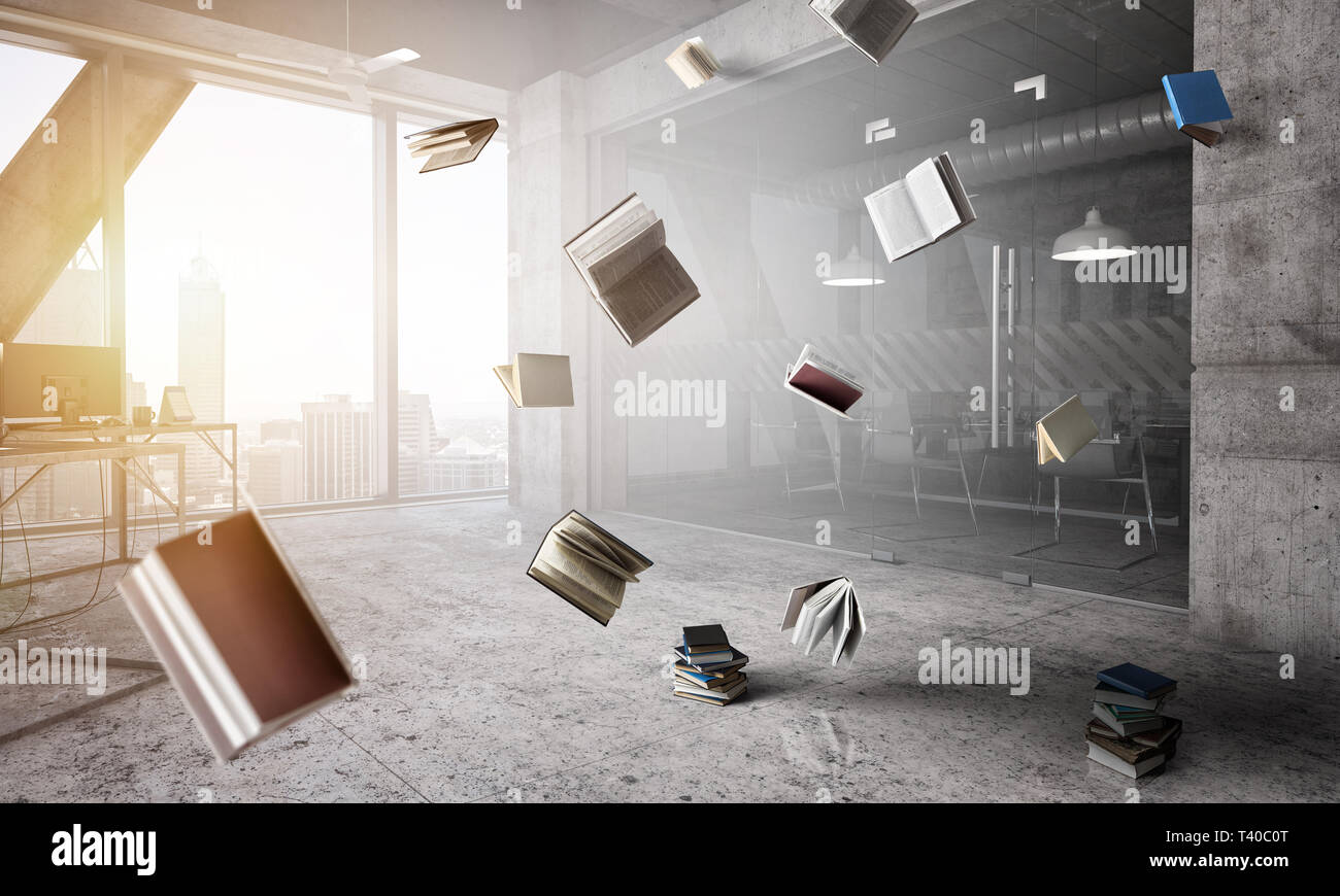Office objects flying messy around Stock Photo - Alamy