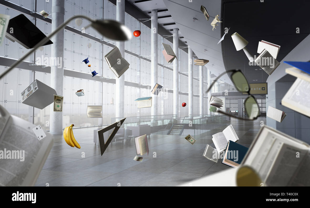 Large hall with flying objects Stock Photo - Alamy