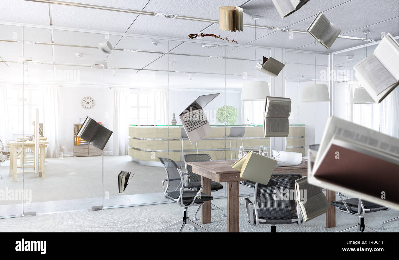 Office workplace with flying objects Stock Photo - Alamy