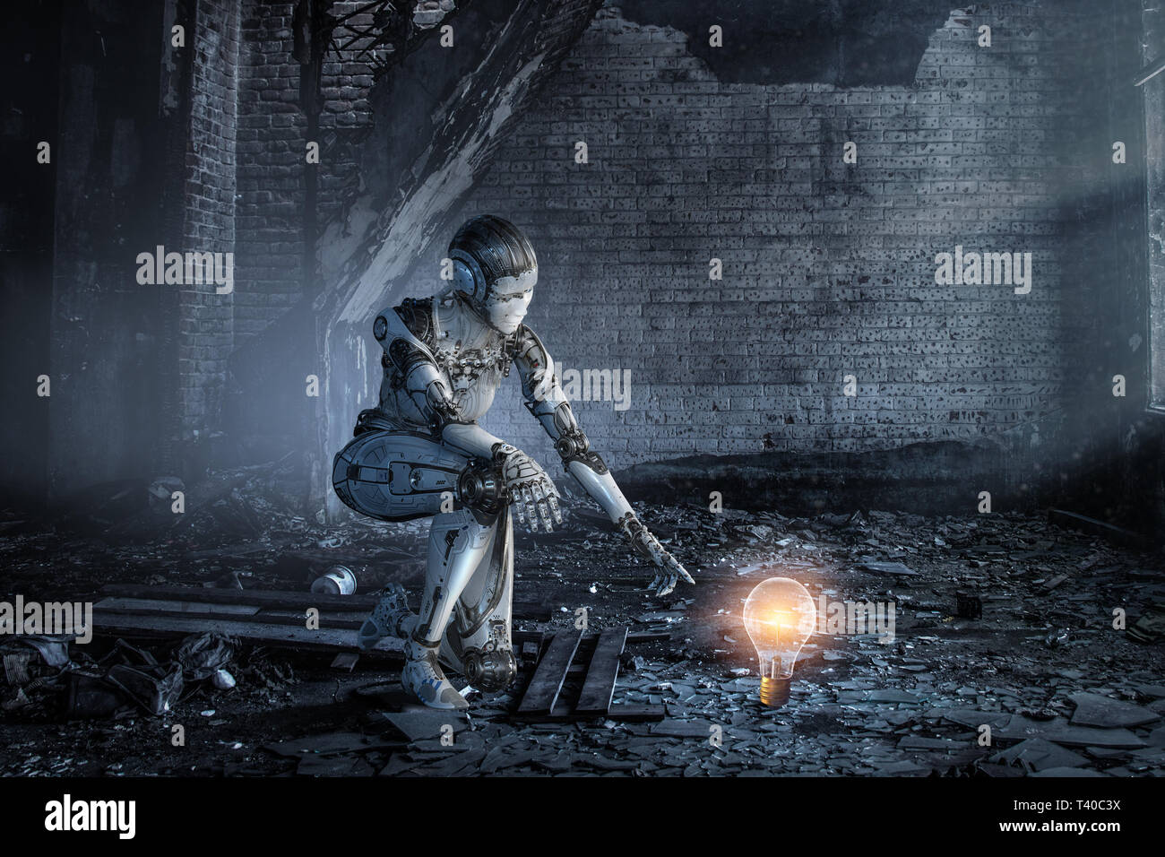 Cyborg silver woman sitting on one knee and smiling Stock Photo - Alamy