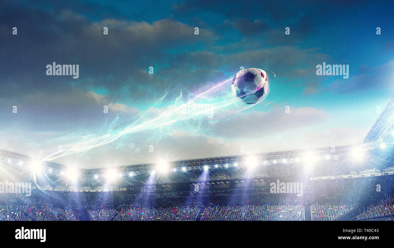 Football stadium background with flying ball Stock Photo - Alamy