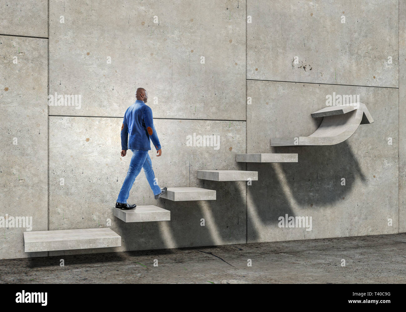 Black businessman climbing stone stairs illustrating career development ...