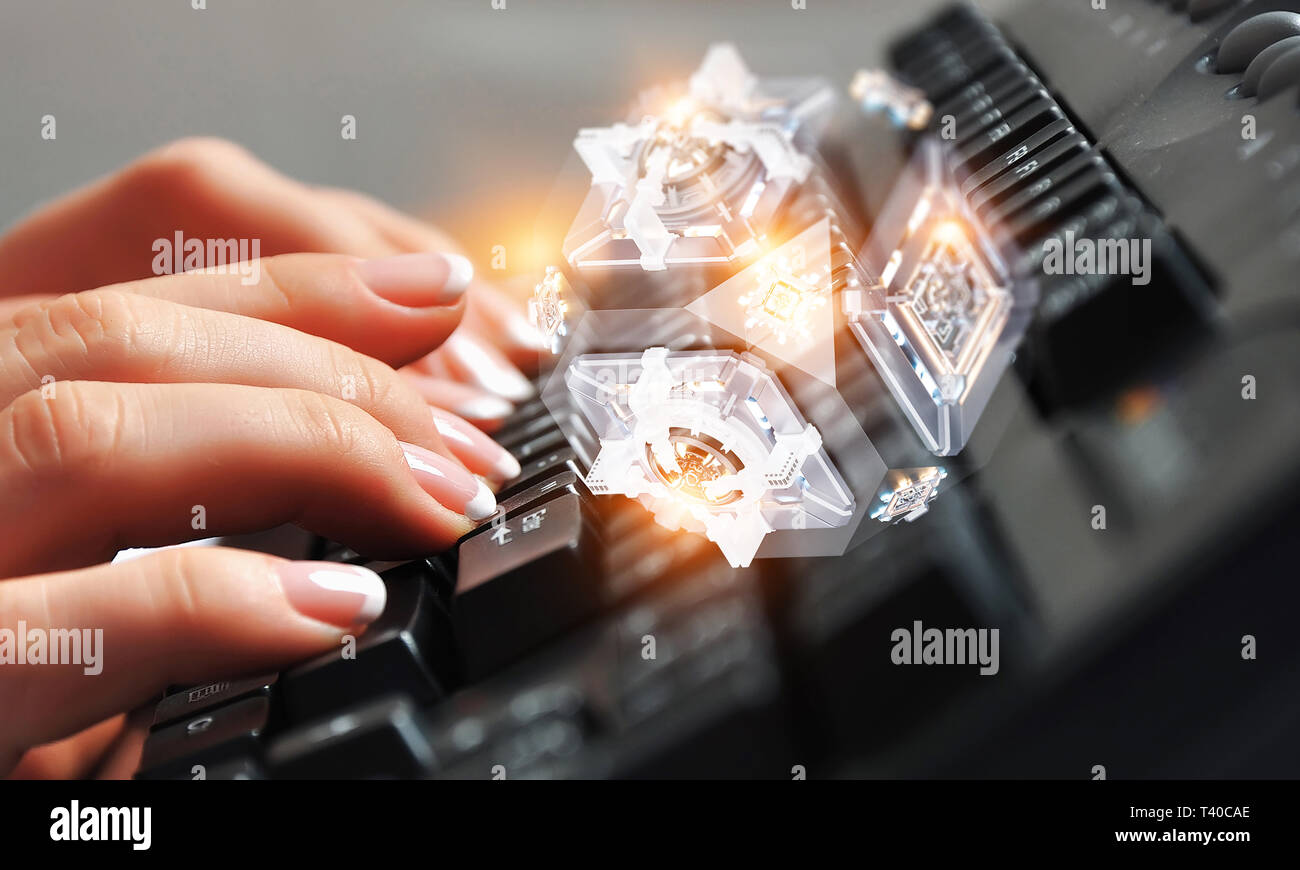Businesswoman hands on computer keyboard on tech background. Mixed ...