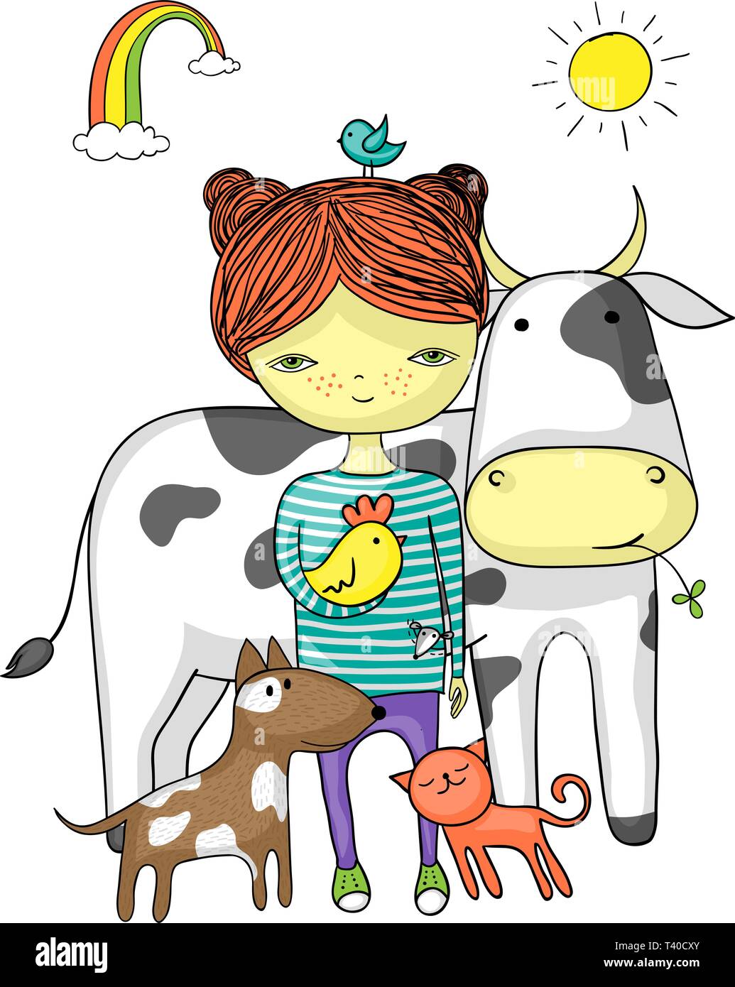 Illustration of a cute child with a mouse in her pocket holding a ...