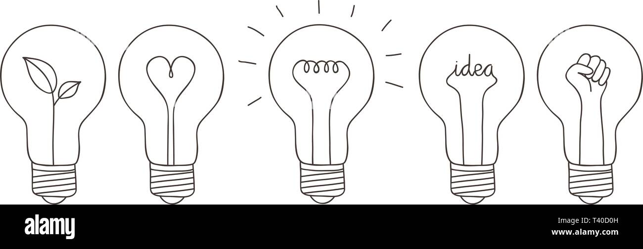 Set of five light bulbs showing different concept such as green energy ...