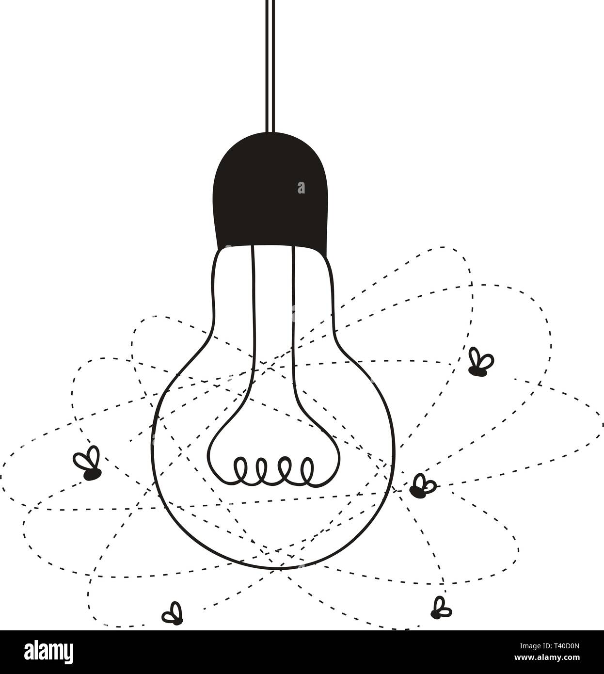 Light bulb with flies flying in circles around it. Simple line drawing ...