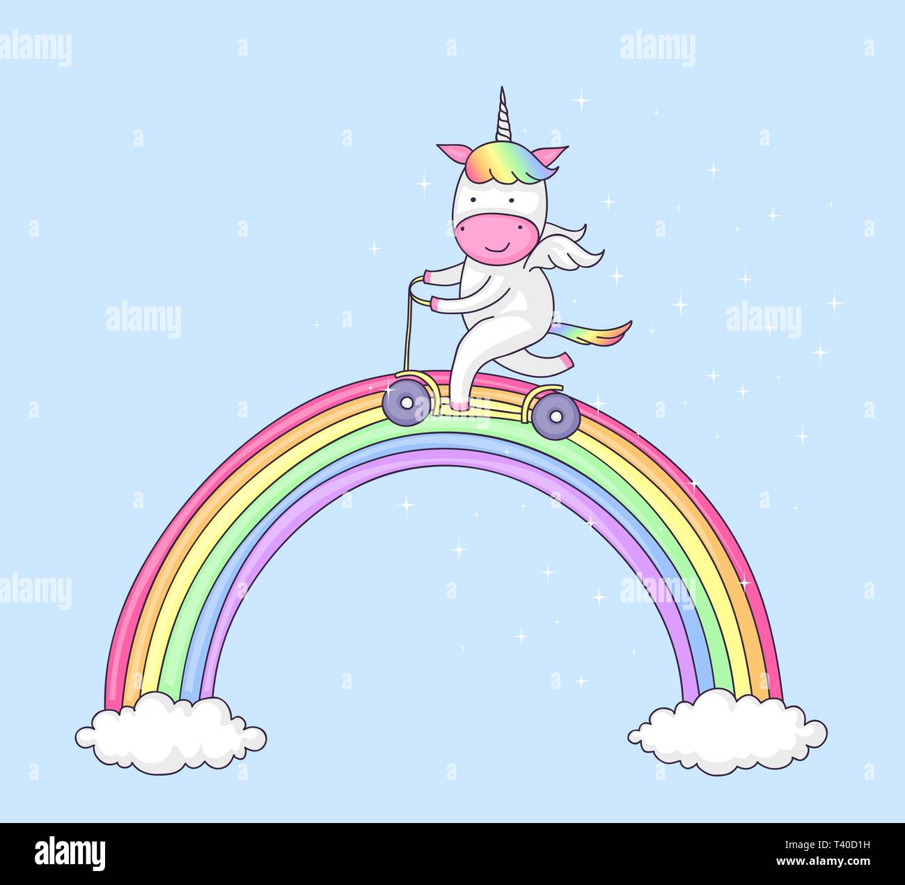 Cute cartoon of a unicorn riding a push scooter on a rainbow Stock ...
