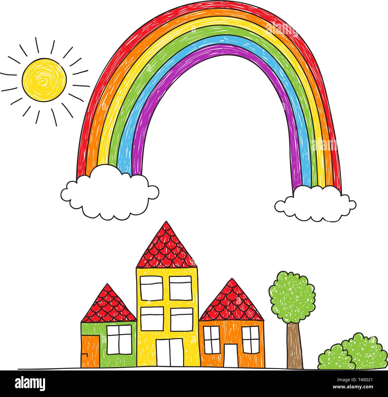 Childish drawing of a small street with three houses and a rainbow with ...