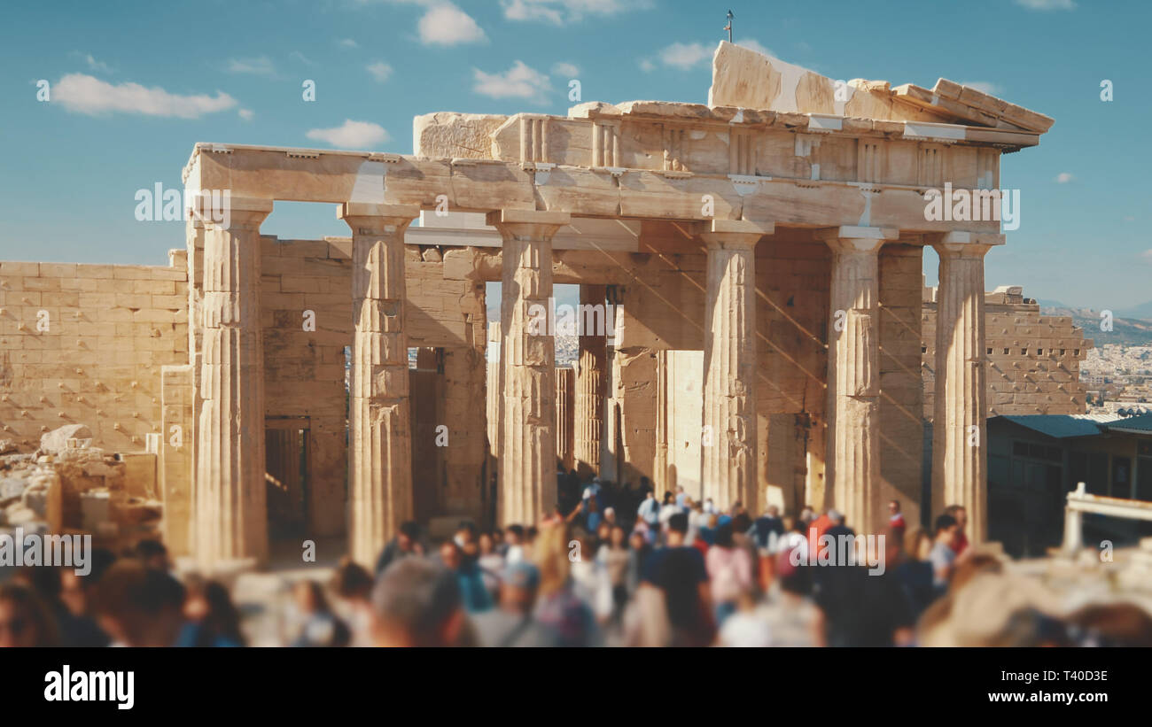 Tourists Visit Ancient Ruin at Acropolis in Athens, Greece, people ...