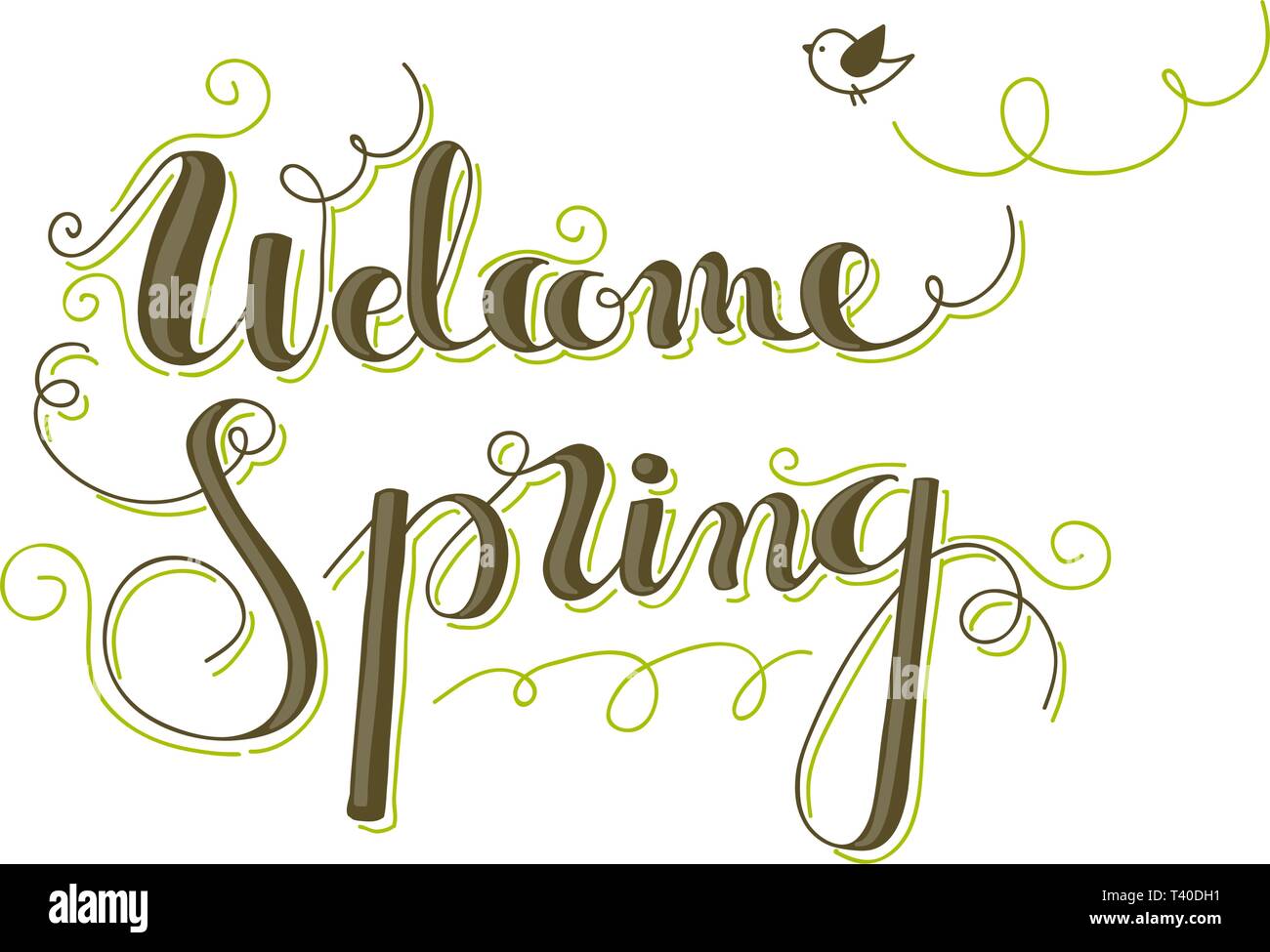 Welcome spring hand lettering with decoration and a birdie Stock Vector ...