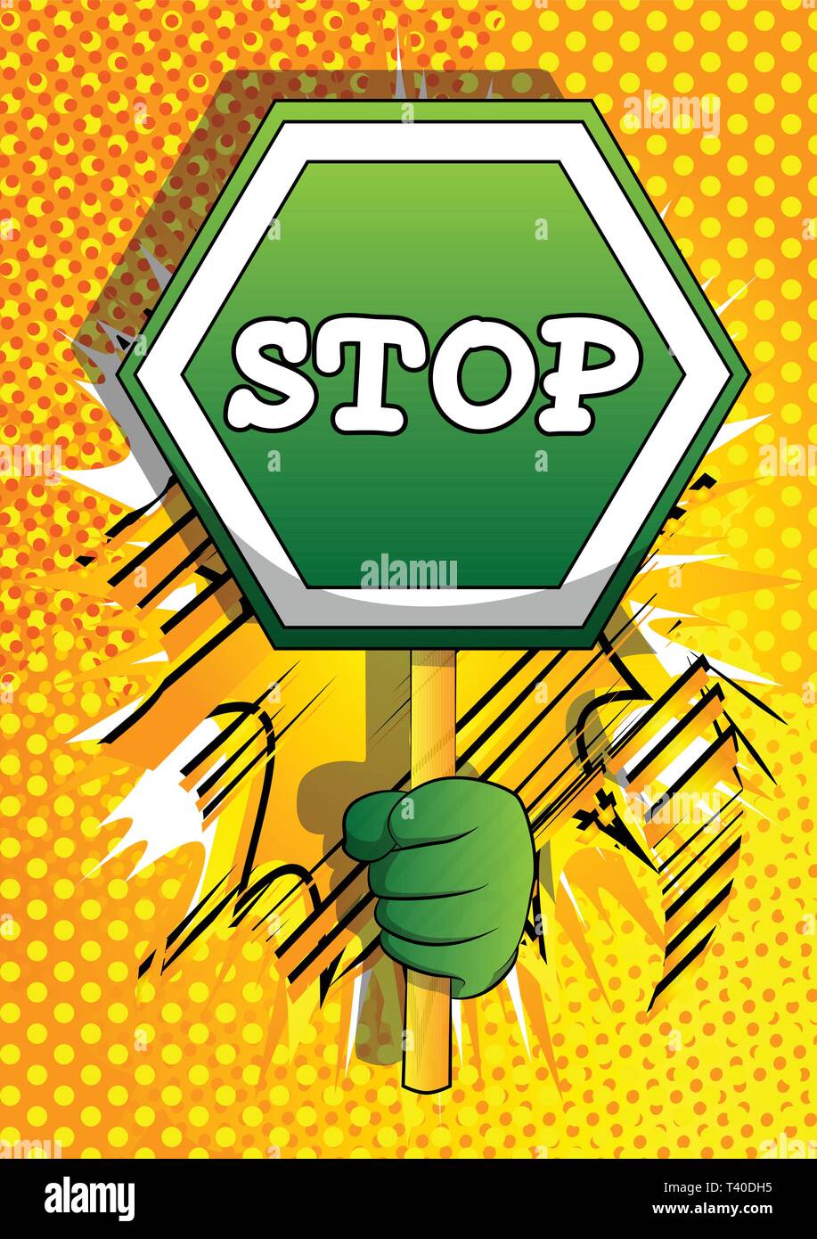 Vector cartoon hand holding a stop sign. Illustrated hand on comic book ...
