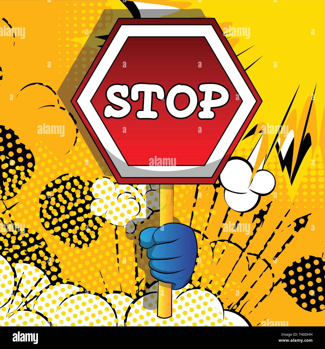 Vector cartoon hand holding a stop sign. Illustrated hand on comic book ...
