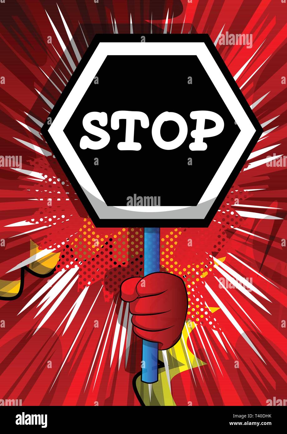 Vector cartoon hand holding a stop sign. Illustrated hand on comic book ...