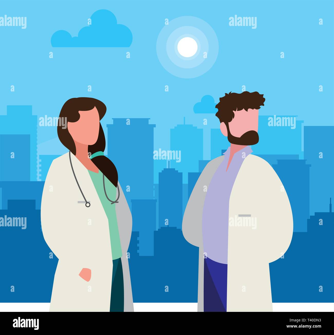 couple of professional workers in cityscape at sunrise vector ...