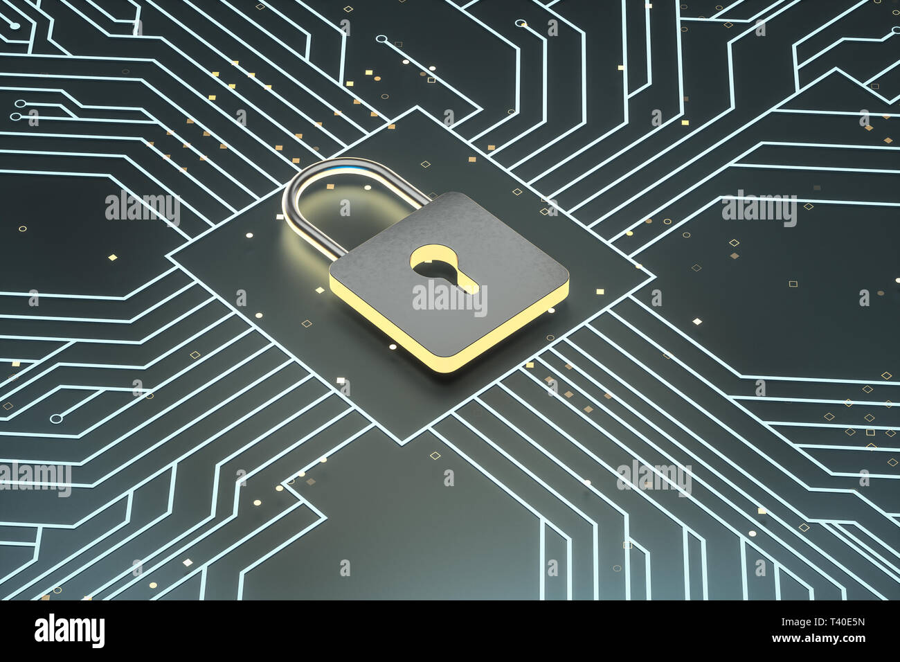 3d rendering, metal lock with digital concept background, computer ...