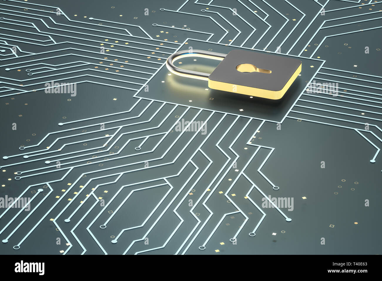 3d rendering, metal lock with digital concept background, computer ...