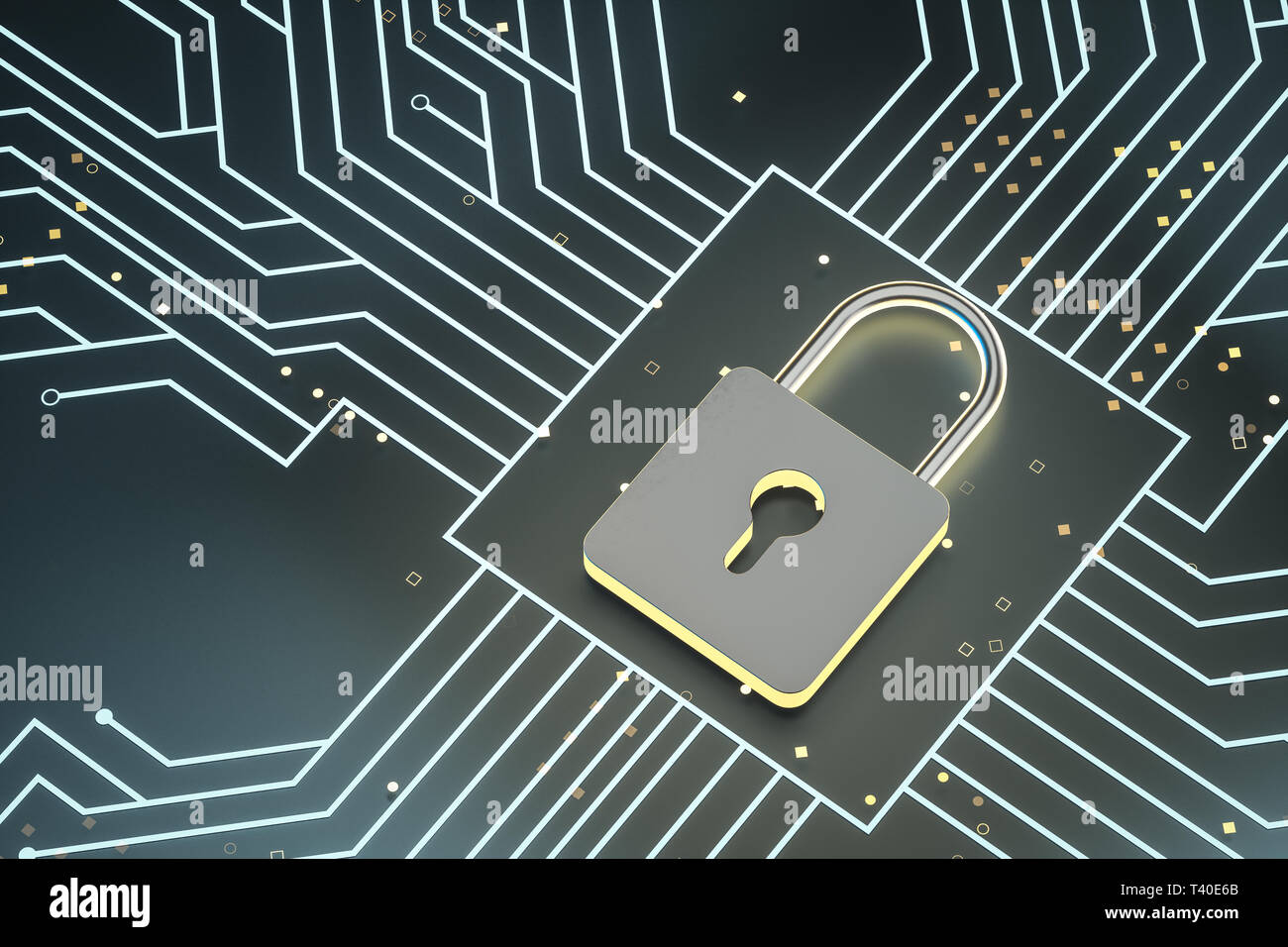 3d rendering, metal lock with digital concept background, computer ...