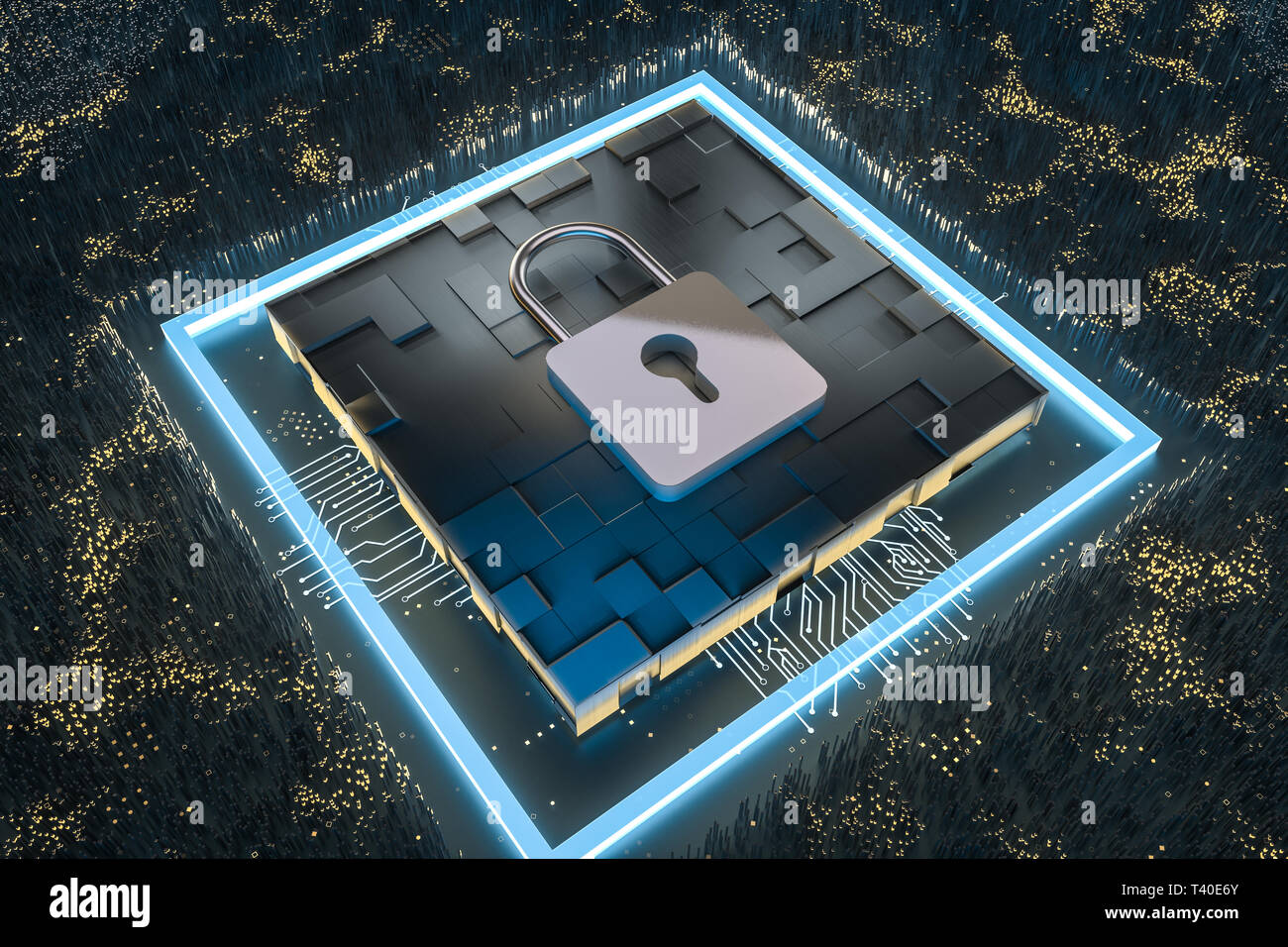 3d rendering, metal lock with digital concept background, computer ...