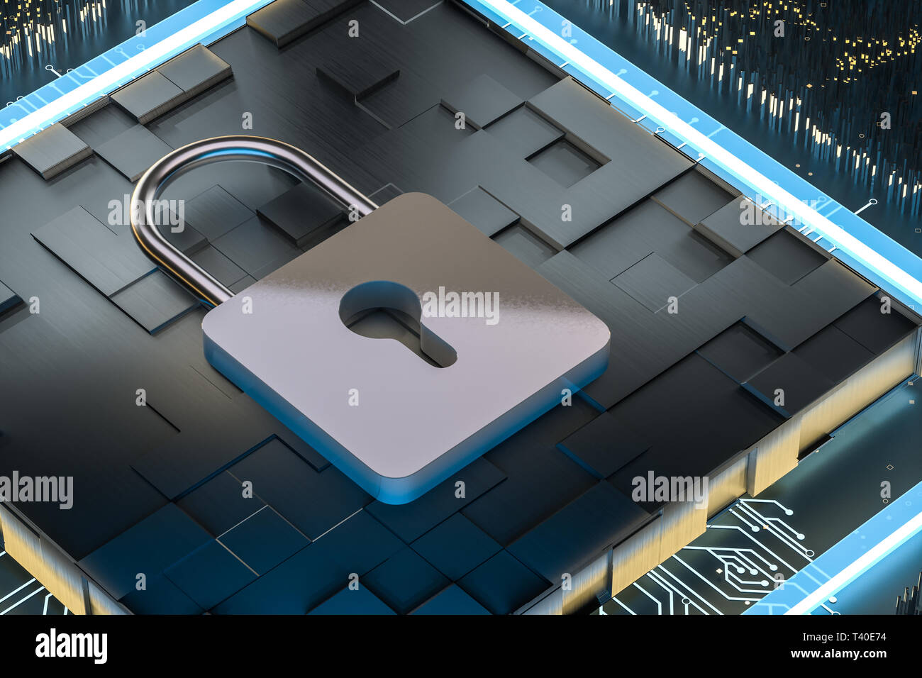 3d rendering, metal lock with digital concept background, computer ...