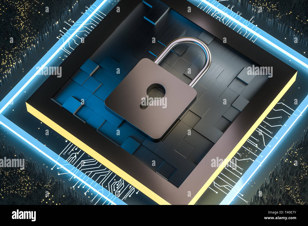 3d rendering, metal lock with digital concept background, computer ...