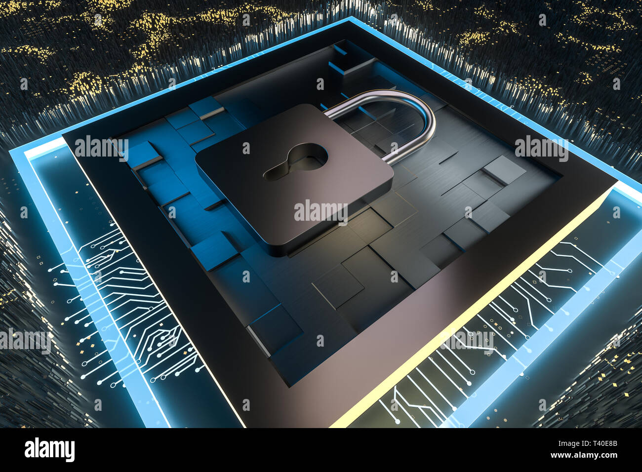 3d rendering, metal lock with digital concept background, computer ...