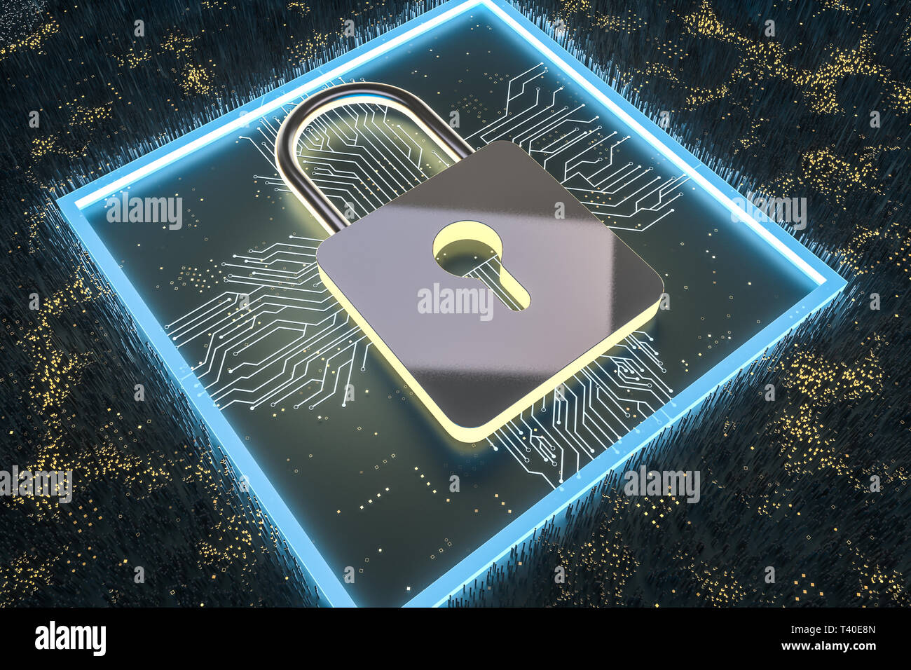 3d rendering, metal lock with digital concept background, computer ...