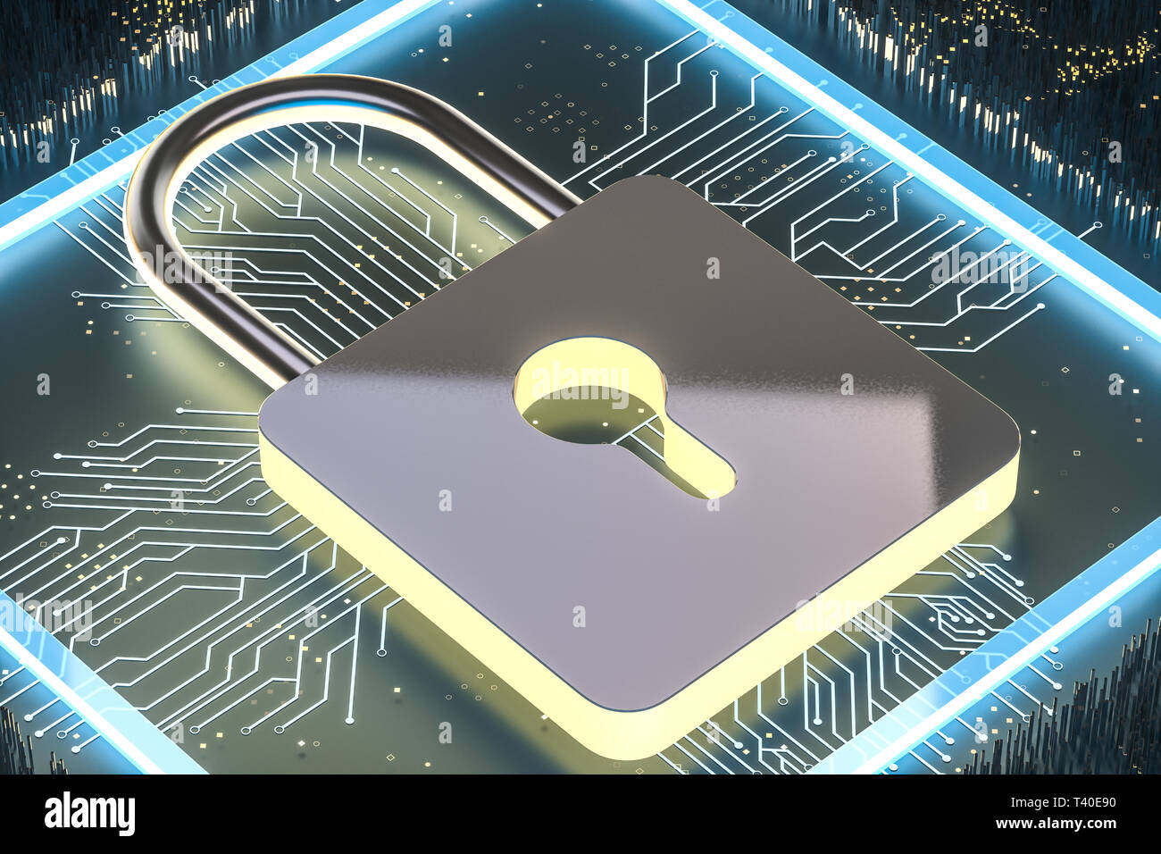 3d rendering, metal lock with digital concept background, computer ...