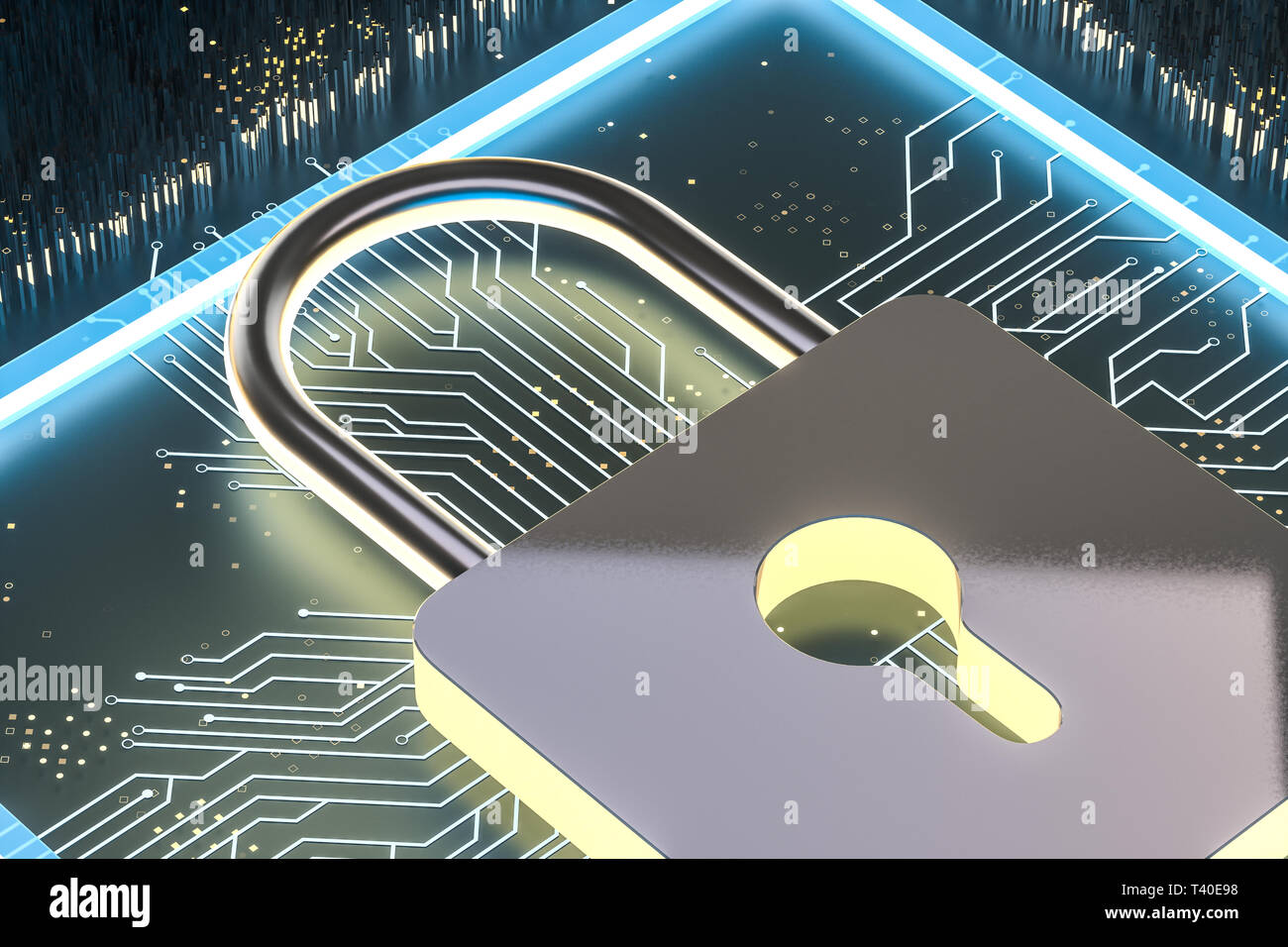 3d rendering, metal lock with digital concept background, computer ...
