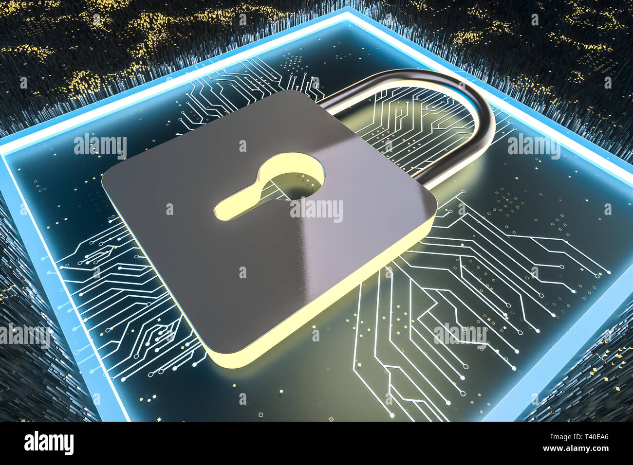 3d rendering, metal lock with digital concept background, computer ...