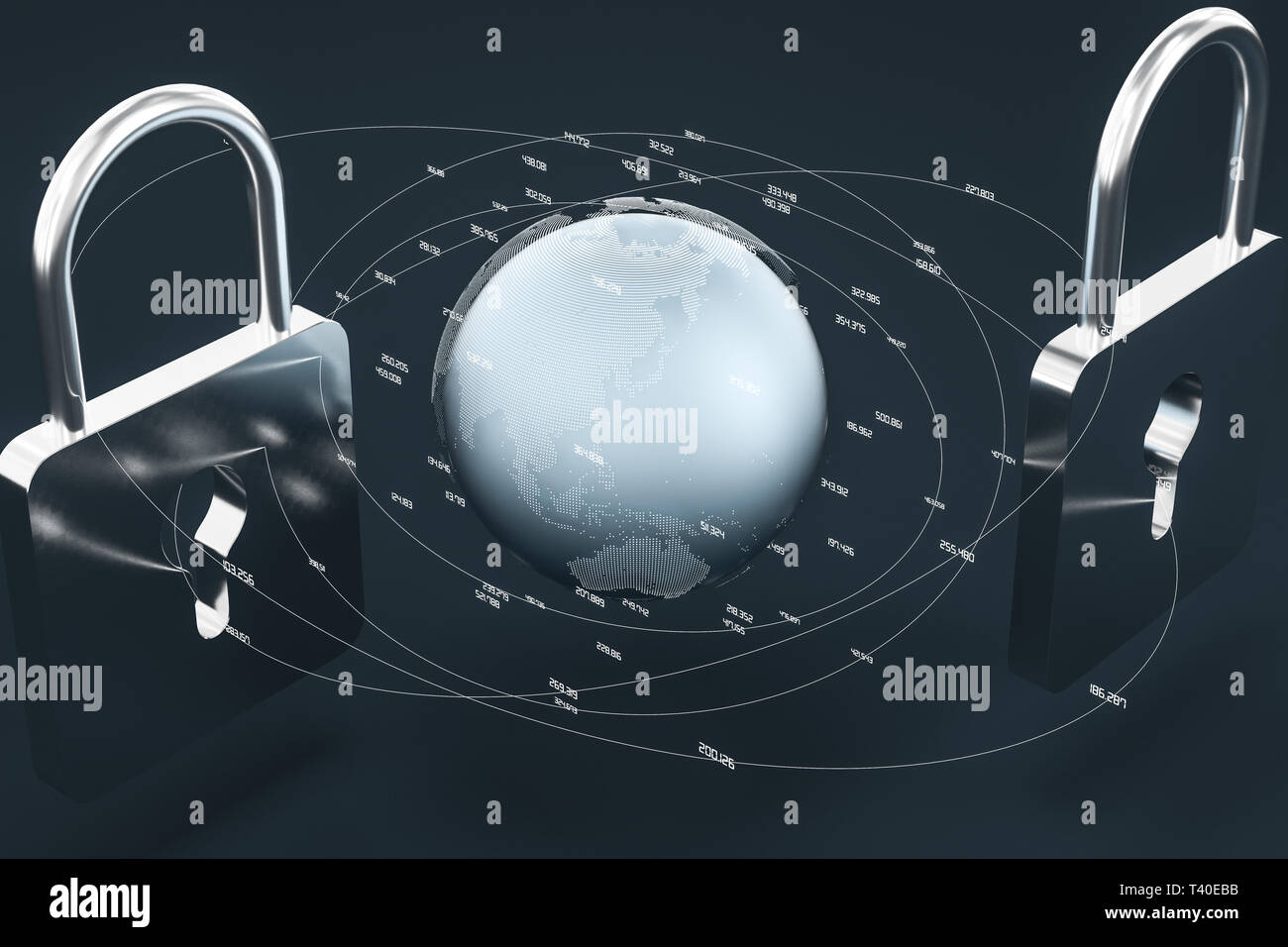 3d rendering, metal lock with digital concept background, computer ...