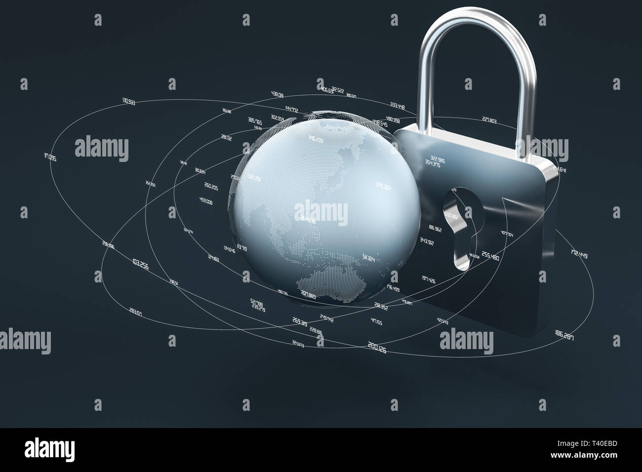 3d rendering, metal lock with digital concept background, computer ...