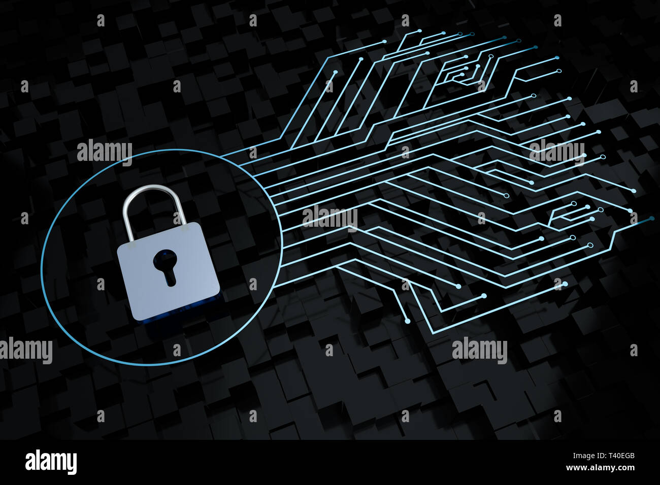 3d rendering, metal lock with digital concept background, computer ...