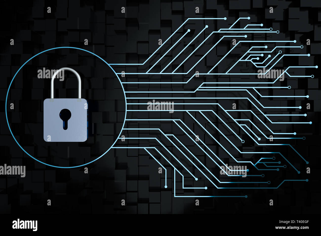 3d rendering, metal lock with digital concept background, computer ...