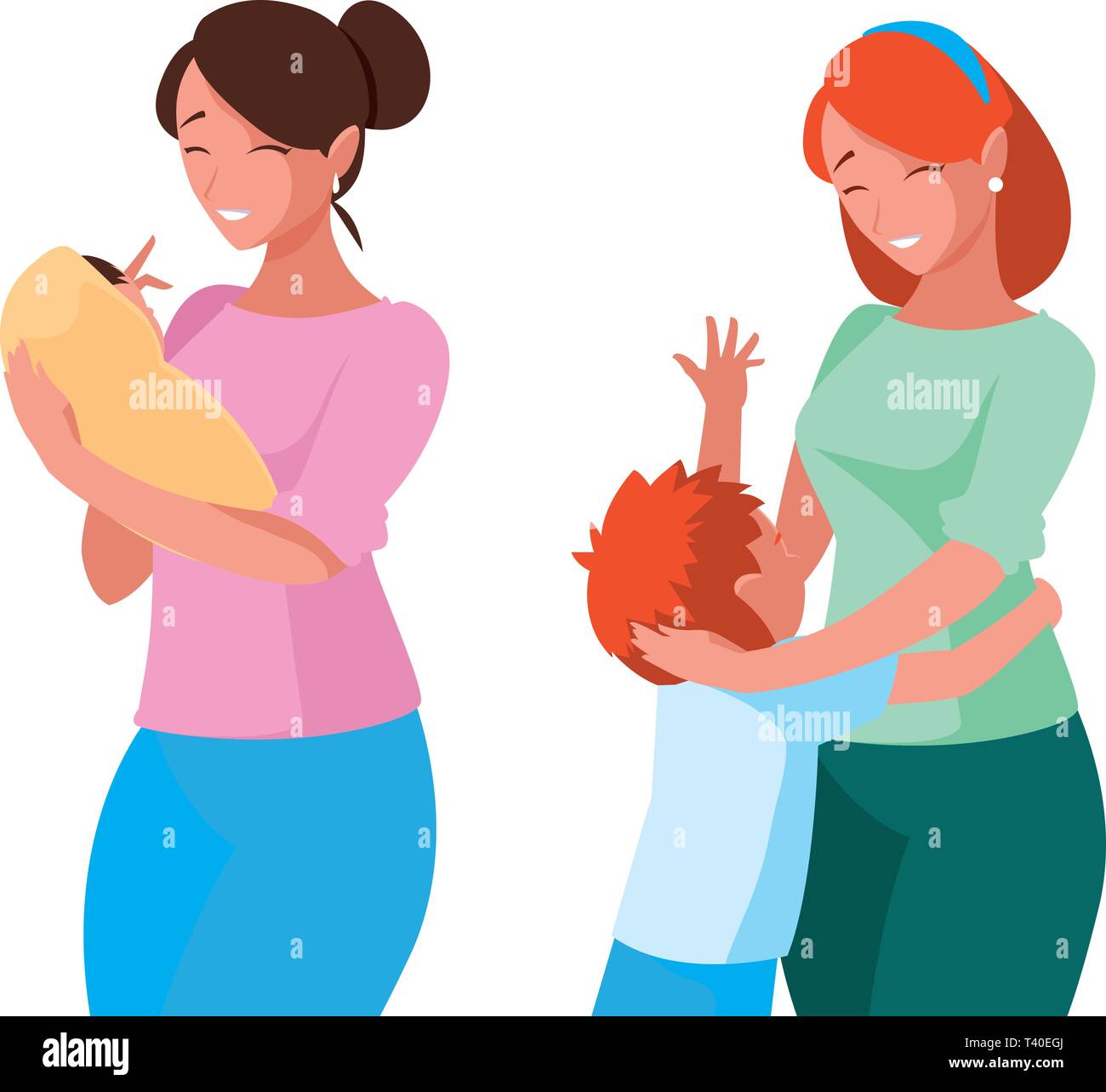 beautiful mothers with little kids characters vector illustration ...