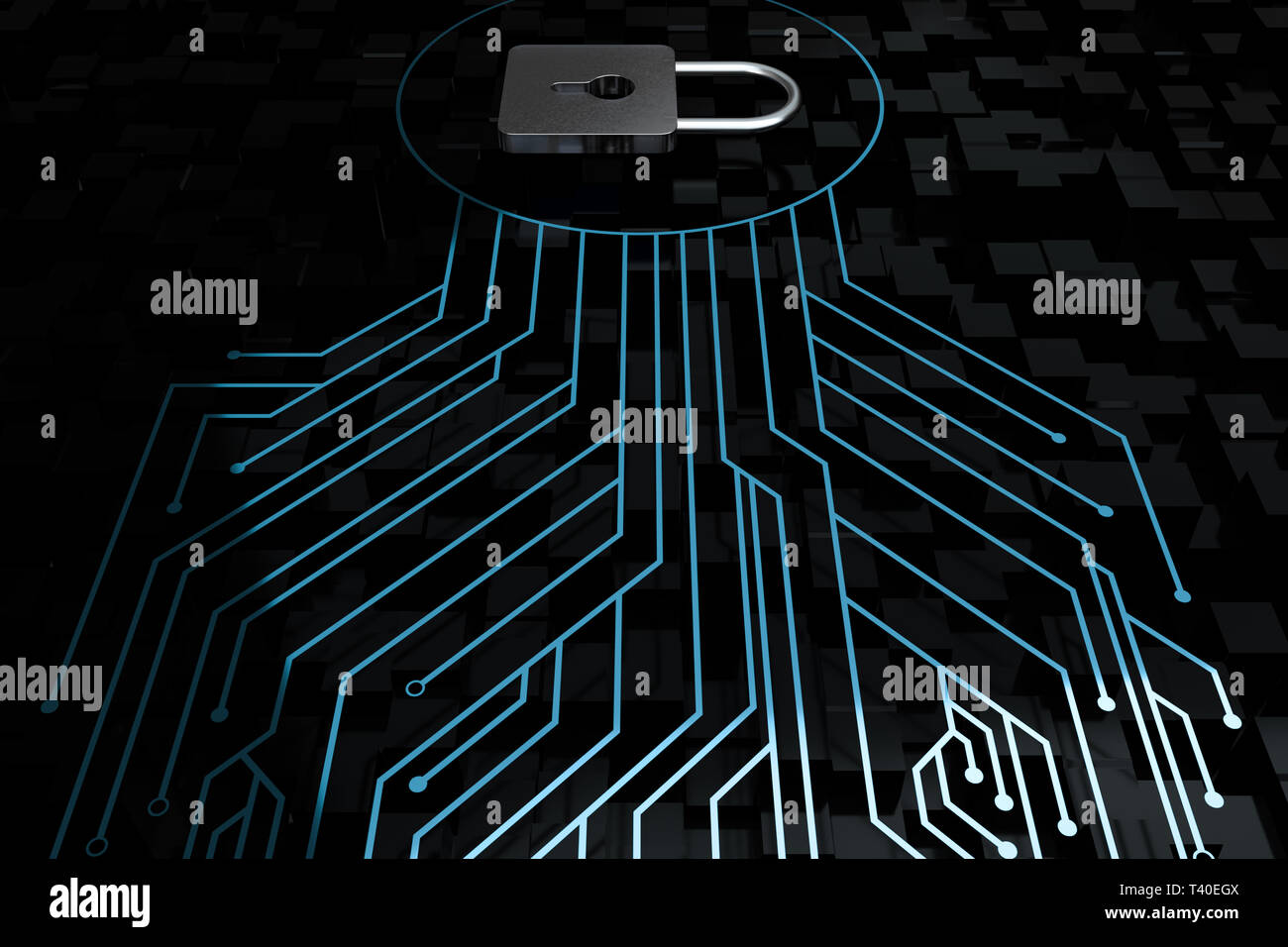 3d rendering, metal lock with digital concept background, computer ...